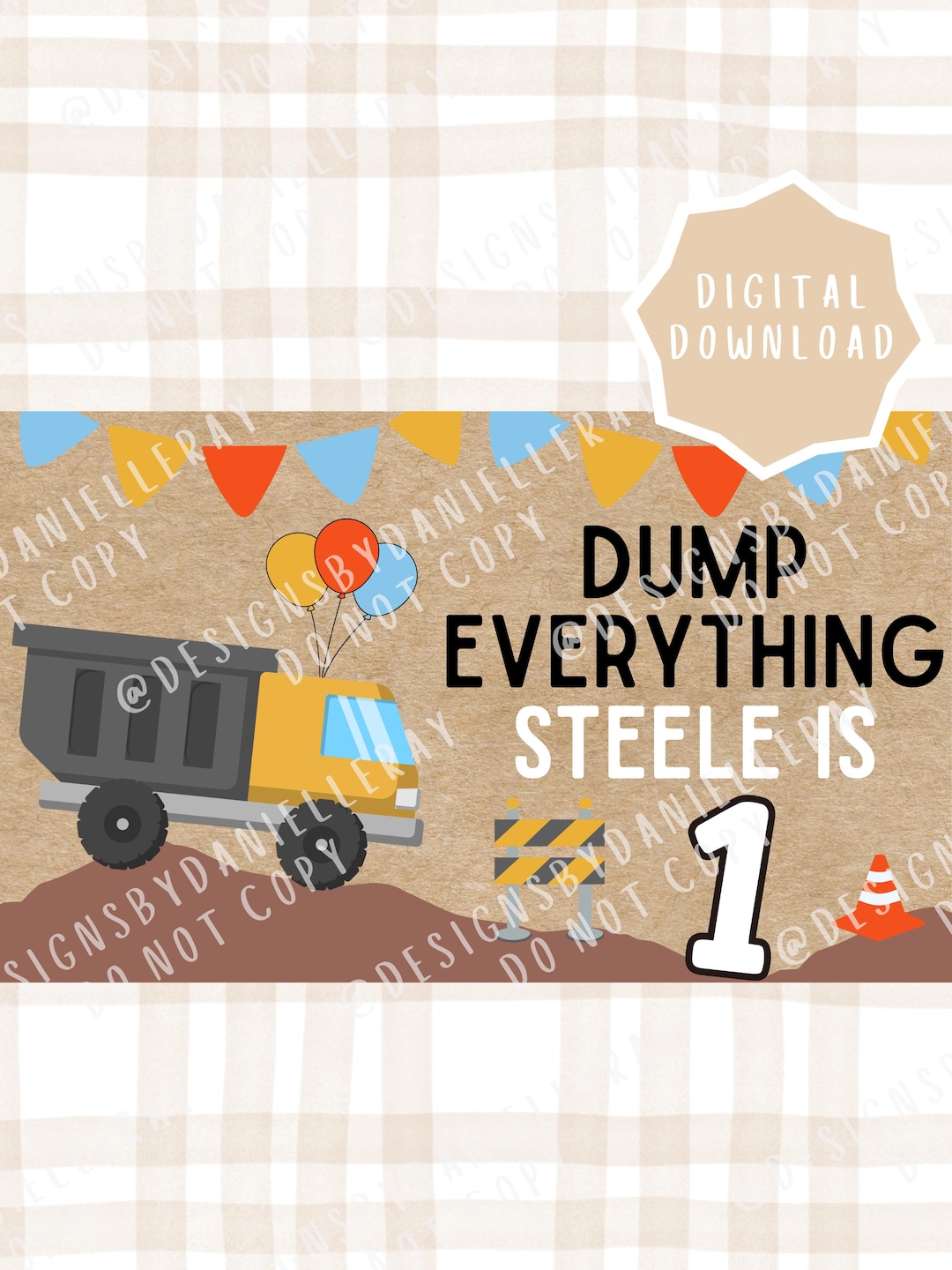 Digital Dump Truck Birthday Banner Template | Dump Truck First Birthday ...