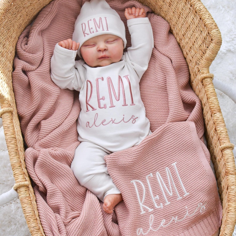 Baby Outfit Set With Cotton Knit Blanket, Personalized Newborn Gift ...