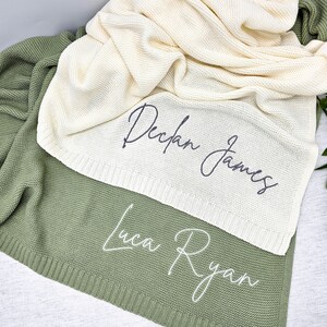Knit Baby Blanket, Embroidered Name, Stroller Blanket, Newborn Baby Gift, Soft Breathable Cotton ...