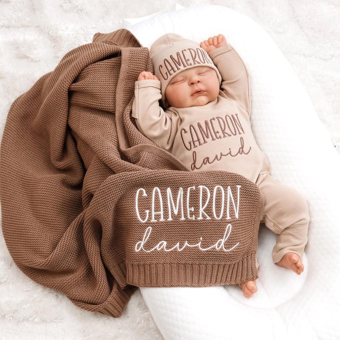 Personalized Baby Outfit Set With Cotton Knit Blanket, Matching ...
