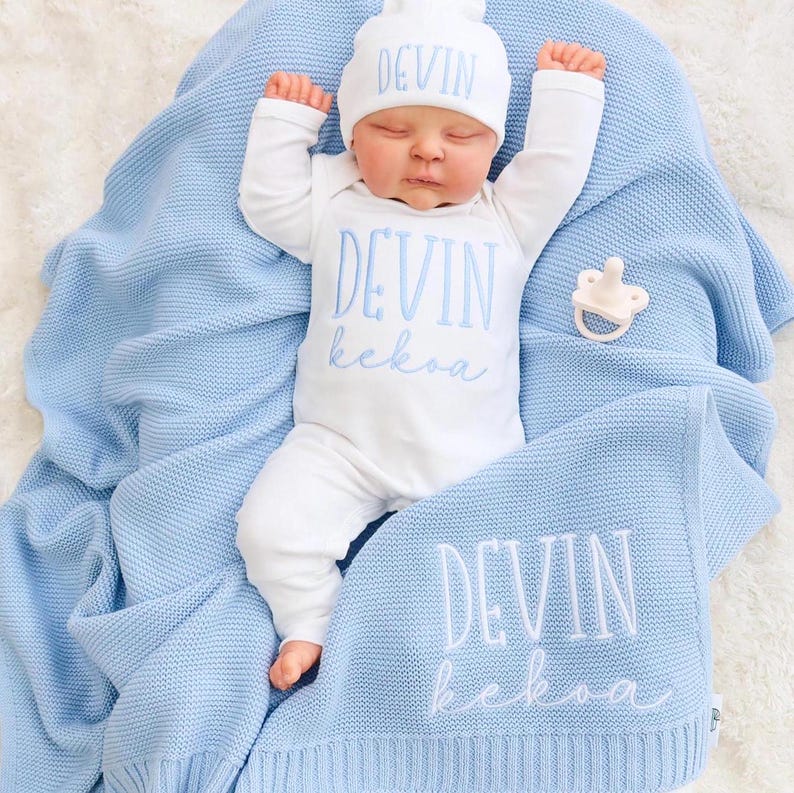 Baby Outfit Set With Cotton Knit Blanket, Personalized Newborn Gift ...