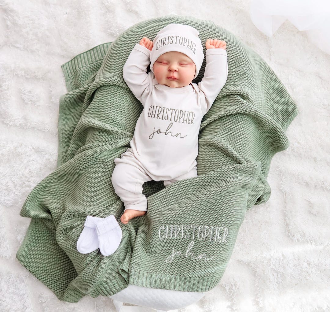 Baby Outfit Set With Cotton Knit Blanket, Personalized Newborn Gift ...