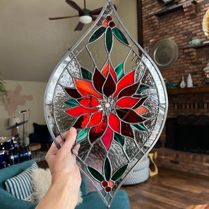Poinsettia Stained Glass Panel - Christmas Sun Catcher Window Decor - Etsy