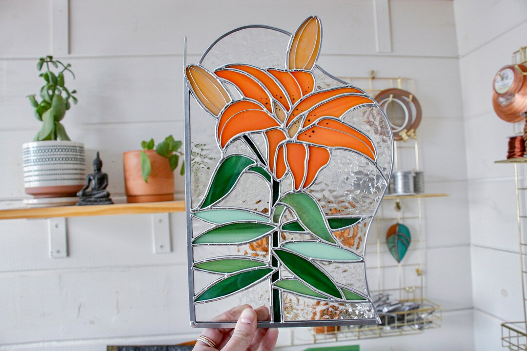 Lilly Flower Corner Panel Stained Glass - Window Sill Decor Art - Etsy