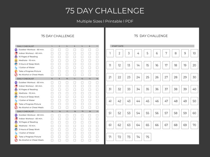 75 Day Challenge Tracker – Printable Tracker/checklist & Calendar ...