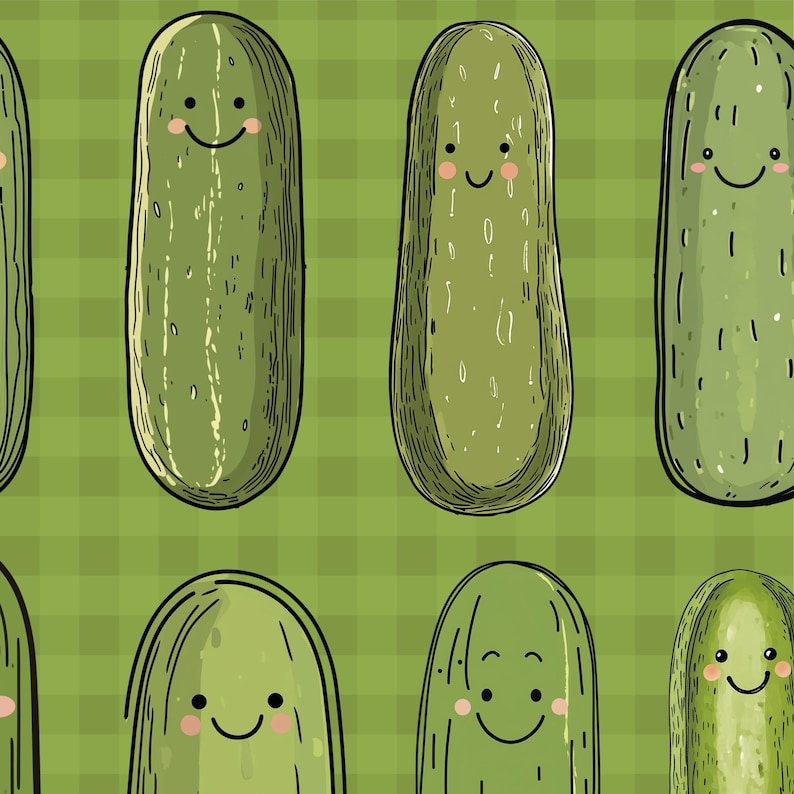 Olive Green Illustrated Happy Pickles Clip Art 8-pack Cute Smiling ...
