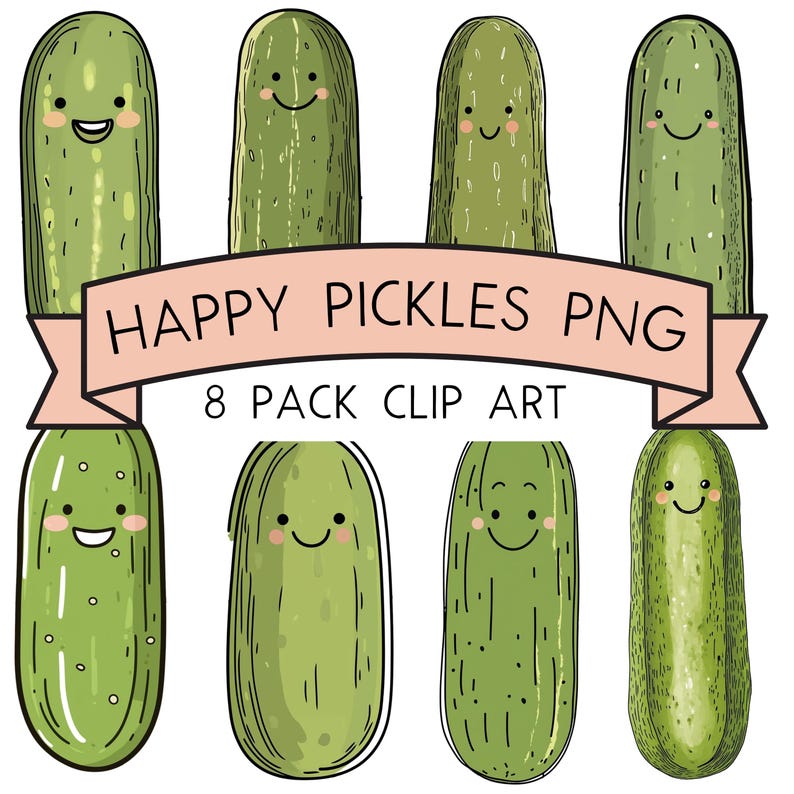 Olive Green Illustrated Happy Pickles Clip Art 8-pack Cute Smiling ...