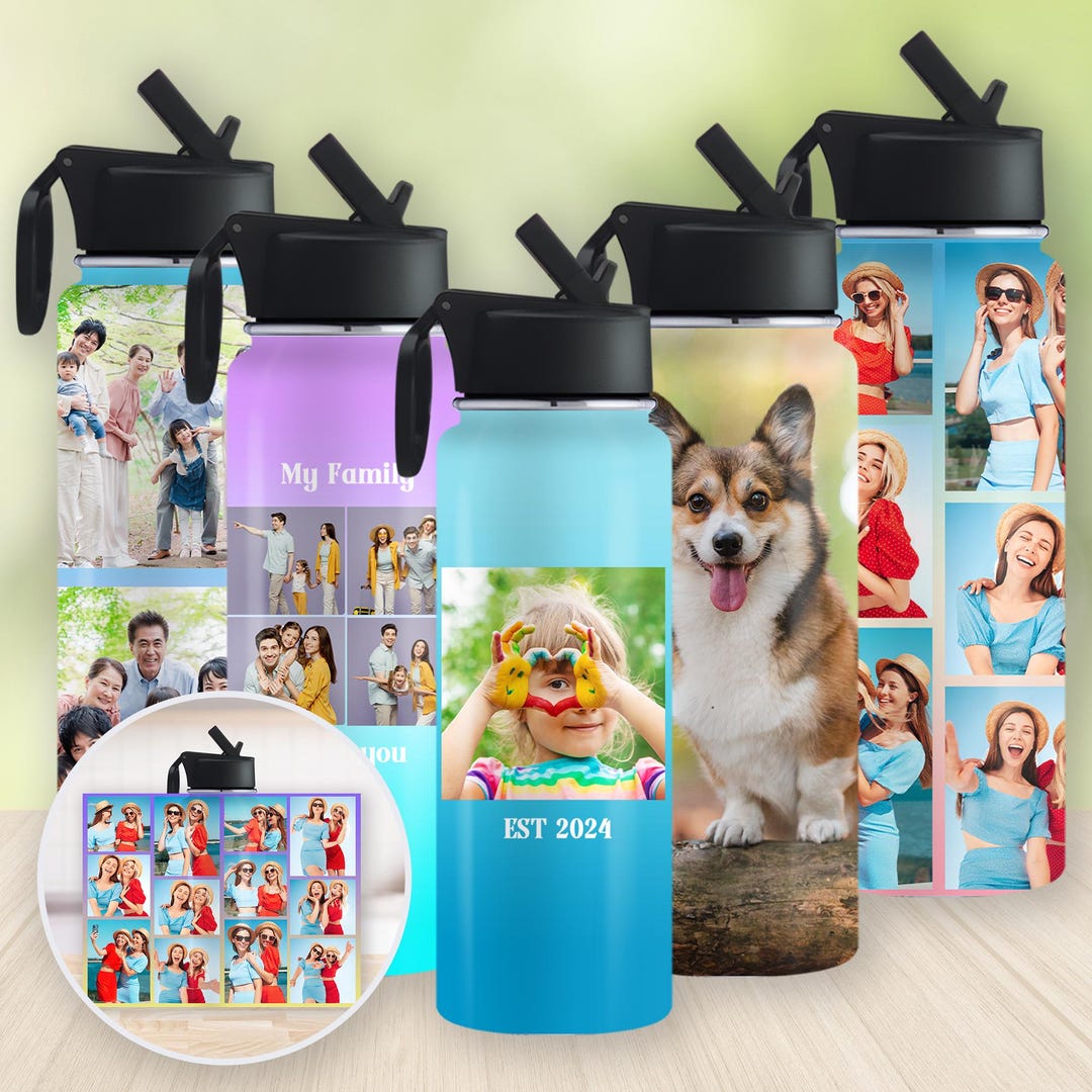 Custom Photo Water Bottle With Straw: Personalized Text Stainless Steel ...