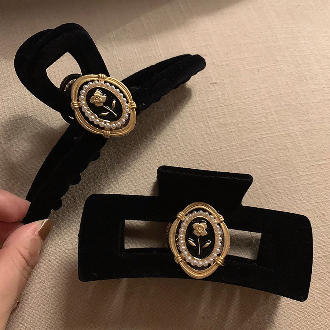 Black Rose Velvet Hair Claw Clip, Chic Flower Hair Clips, Hair Claw ...