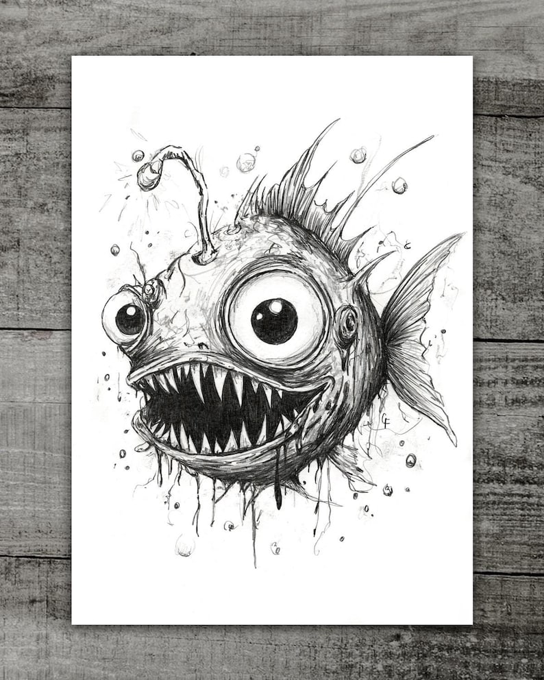 ORIGINAL Happy Anglerfish - Dark Art, Surrealism Fish Drawing, Monster ...