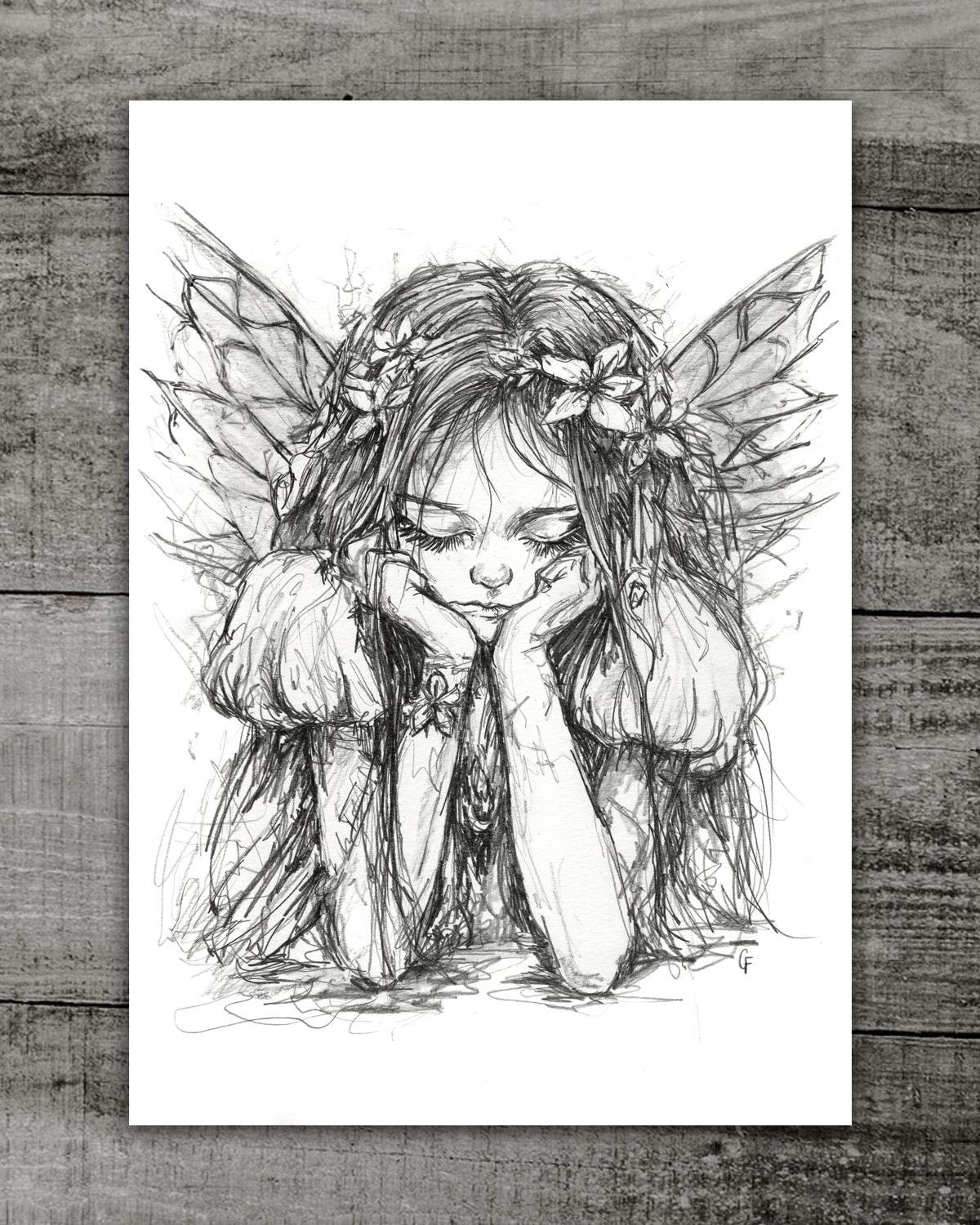 ORIGINAL Cute Woodland Faerie - Dark Art, Fantasy Cryptid Drawing ...