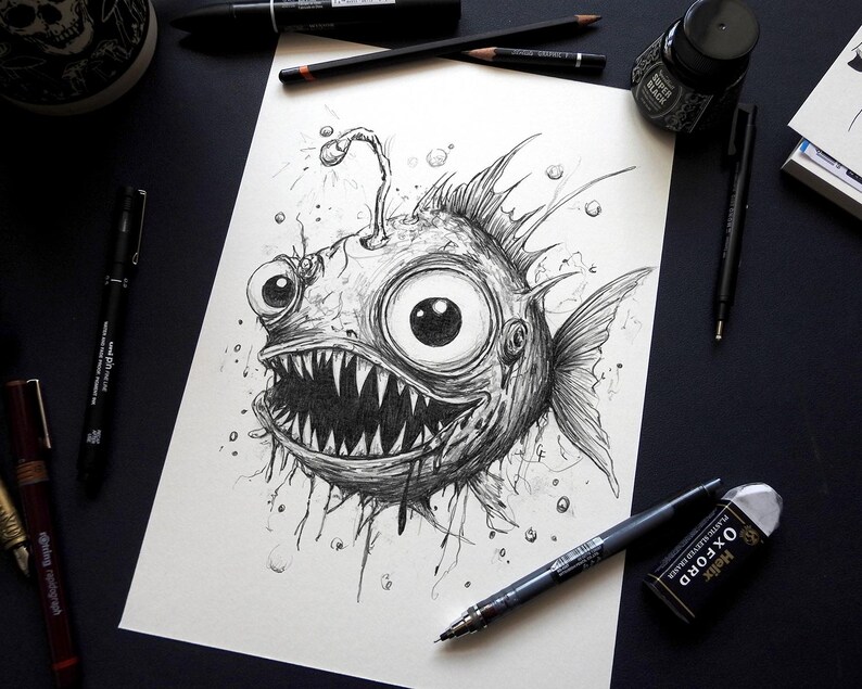 ORIGINAL Happy Anglerfish - Dark Art, Surrealism Fish Drawing, Monster ...