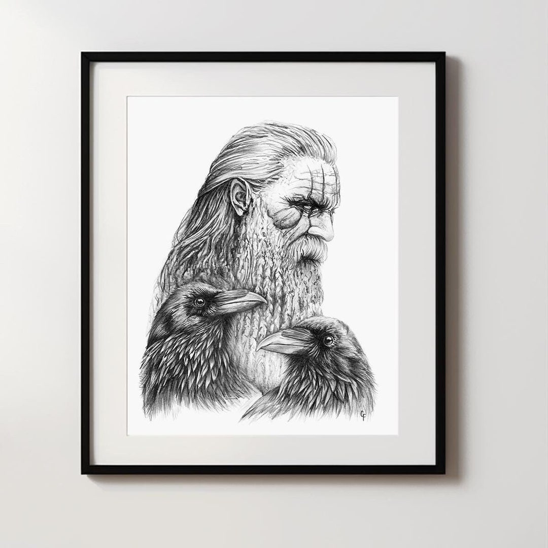 Odin - PRINT From the Original Drawing, the Allfather With Hugin and ...