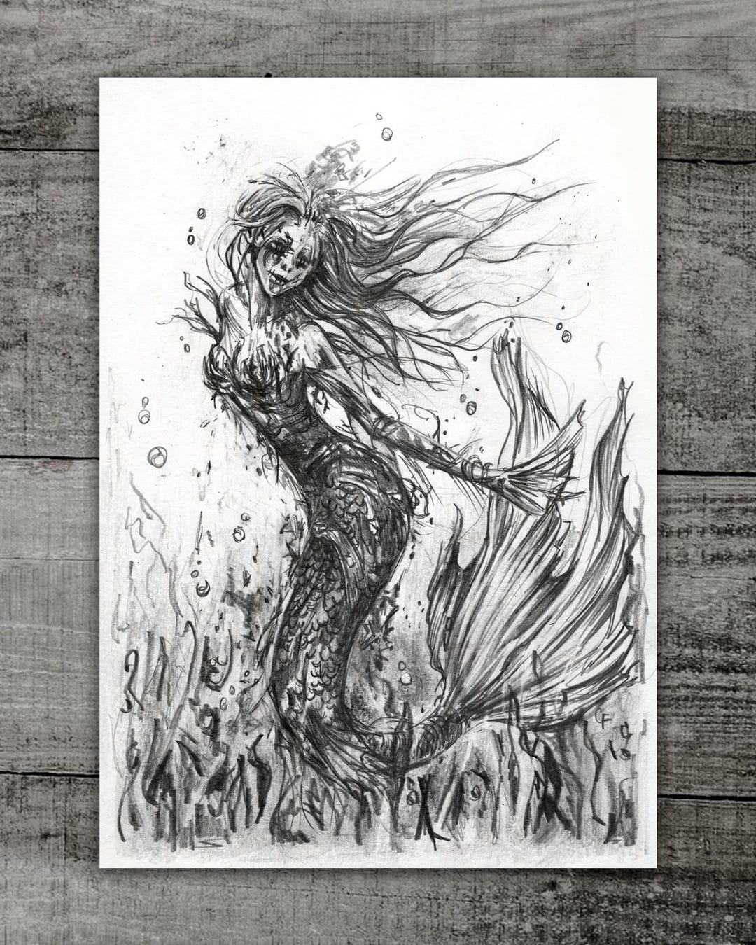 ORIGINAL Creepy Mermaid Pencil Drawing, Dark Art, Fantasy Sketch ...