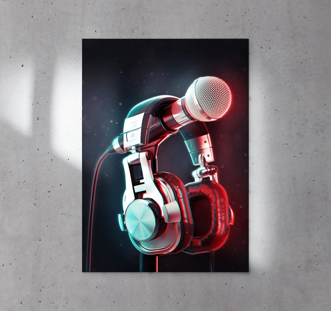 Microphone and Headphones Satin Poster Wall Art, Instrument Poster ...