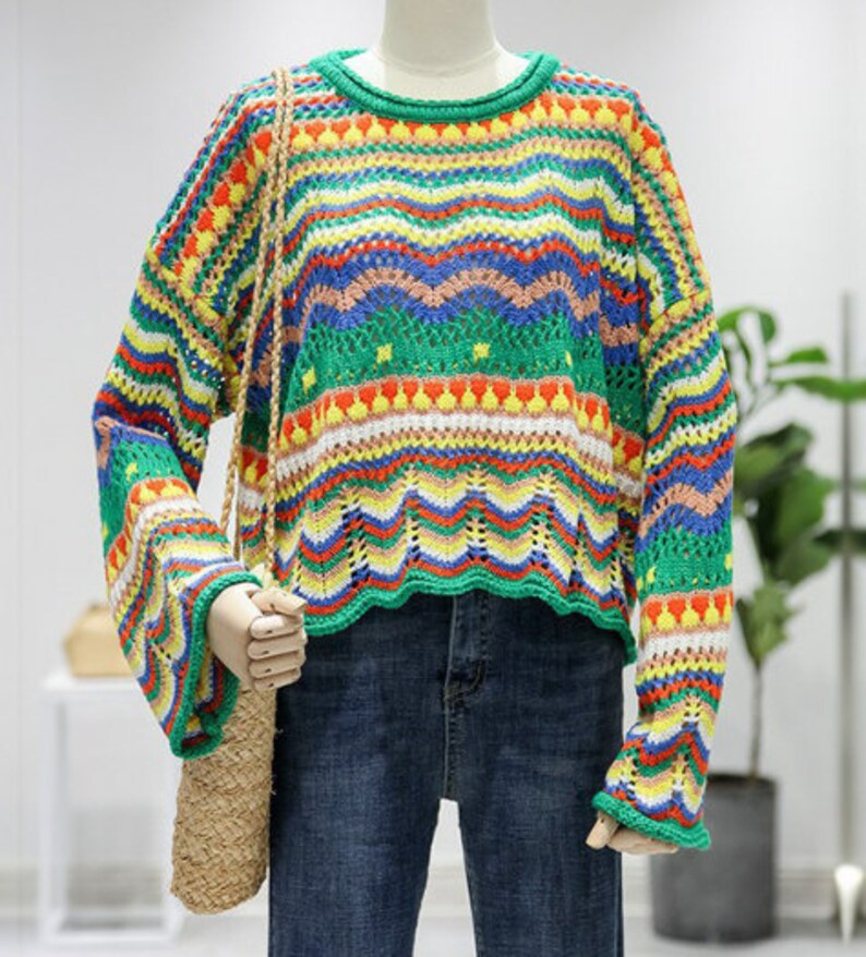 Sweater Women Long Sleeve Colorful Stripes Stitching O-neck - Etsy