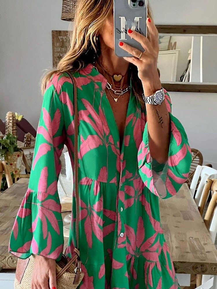 Elegant Boho Print Dress Women V-neck Flare Sleeve Casual - Etsy