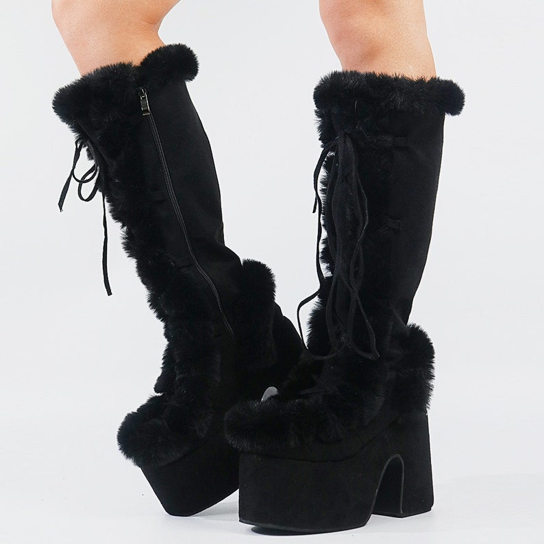 Fur Gothic Chunky Block Heel Women Boots High Heel Platform - Etsy