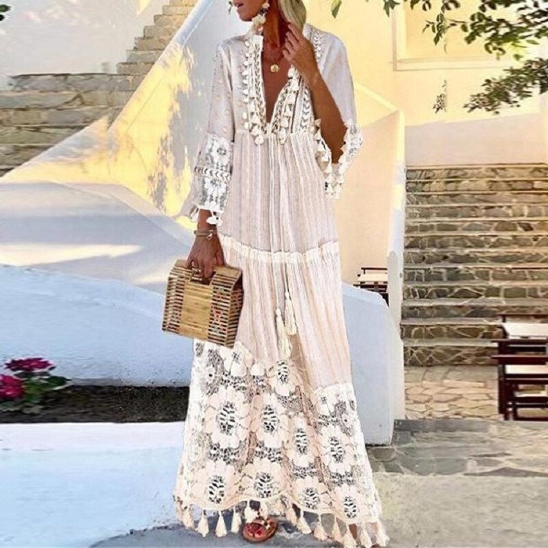 Casual White Dress Long Sleeve Dress Fashion Bohemian Dress - Etsy