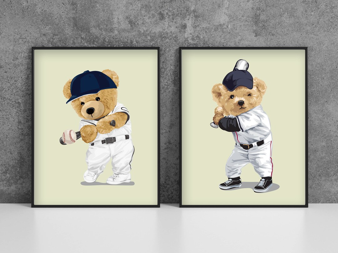 Baseball Sport Poster Cute Bear Playing Baseball Print Kid Room Decor ...