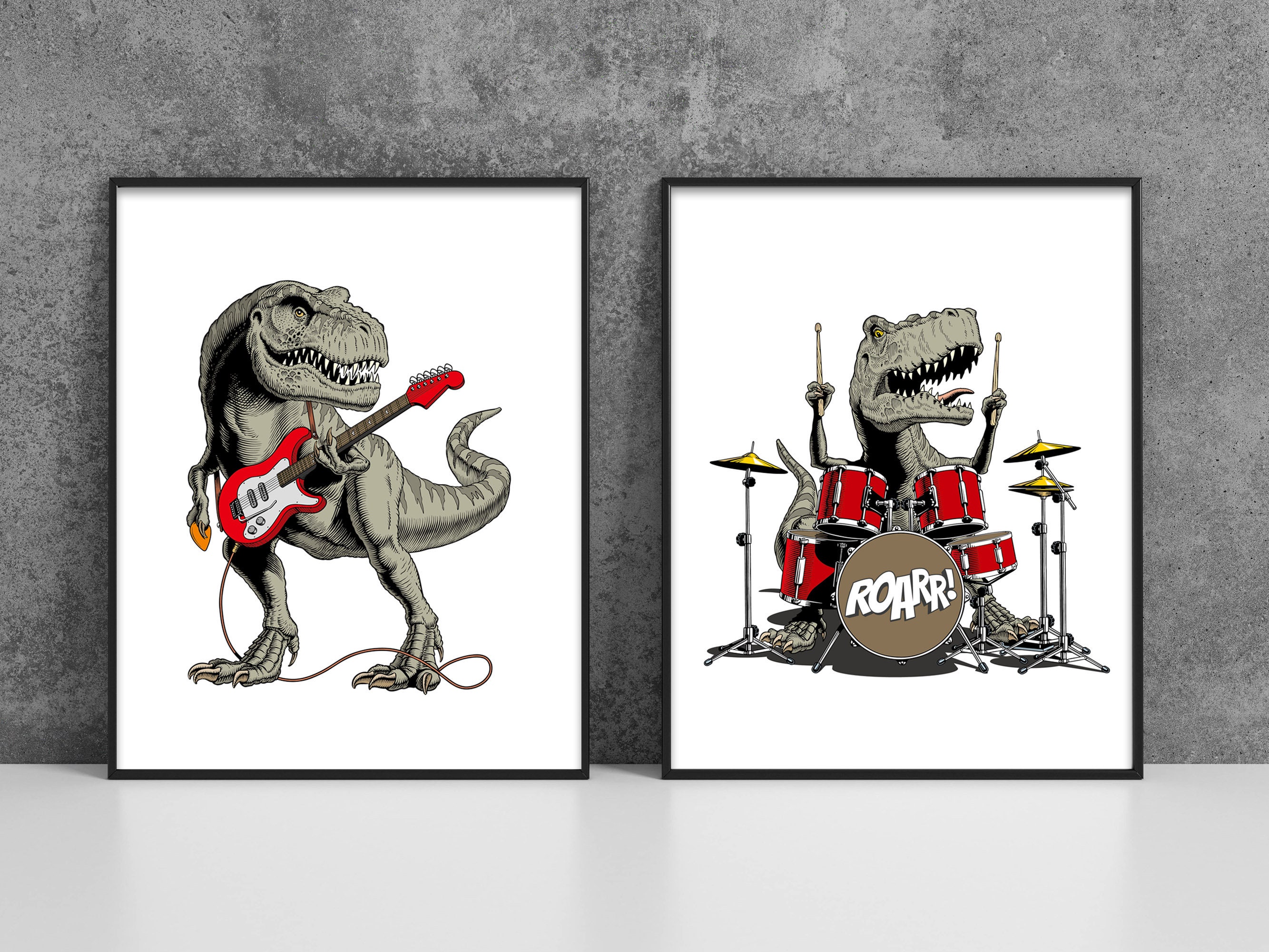 Hyper Dinosaur Music Theme Posters Set of 2 Dinosaurs Playing Drum ...