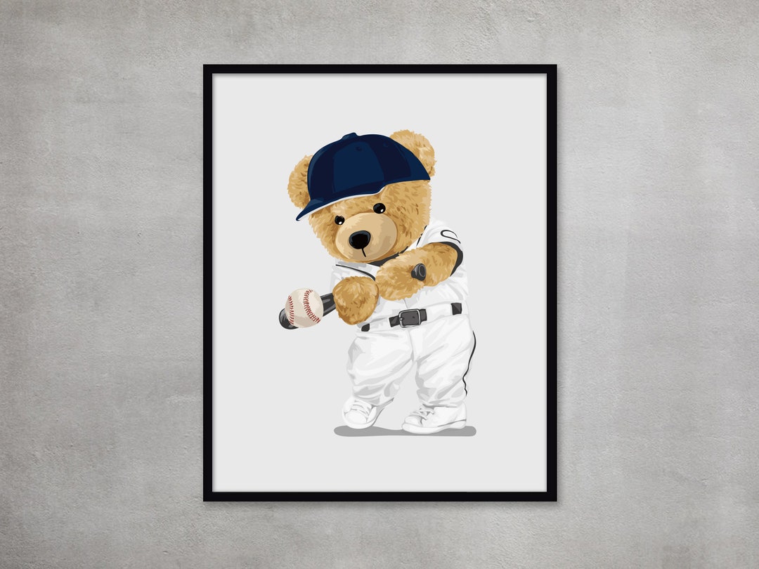 Sport Print Gifted Bear Playing Baseball Poster Kids Room Wall Decor ...