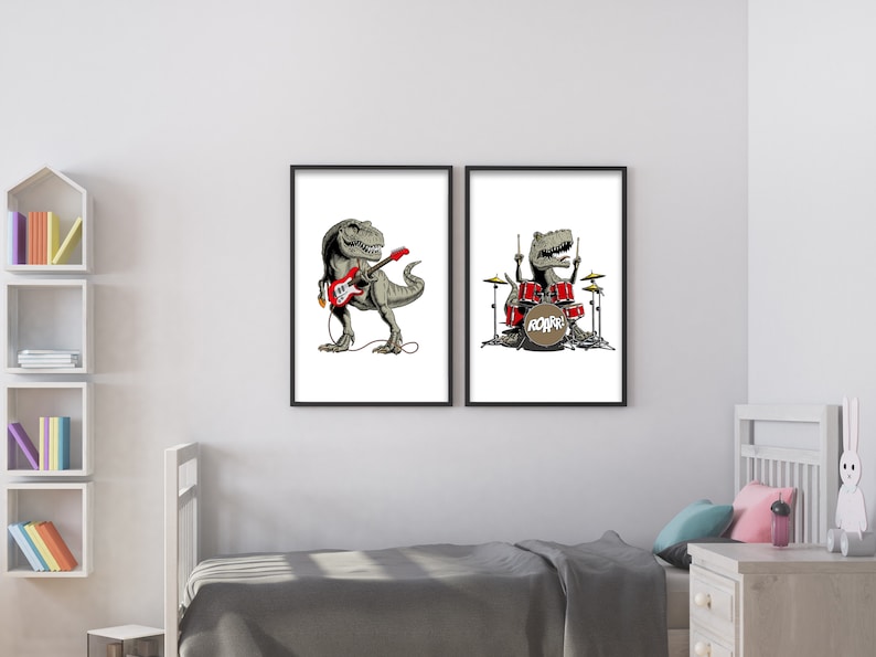 Hyper Dinosaur Music Theme Posters Set of 2 Dinosaurs Playing Drum ...