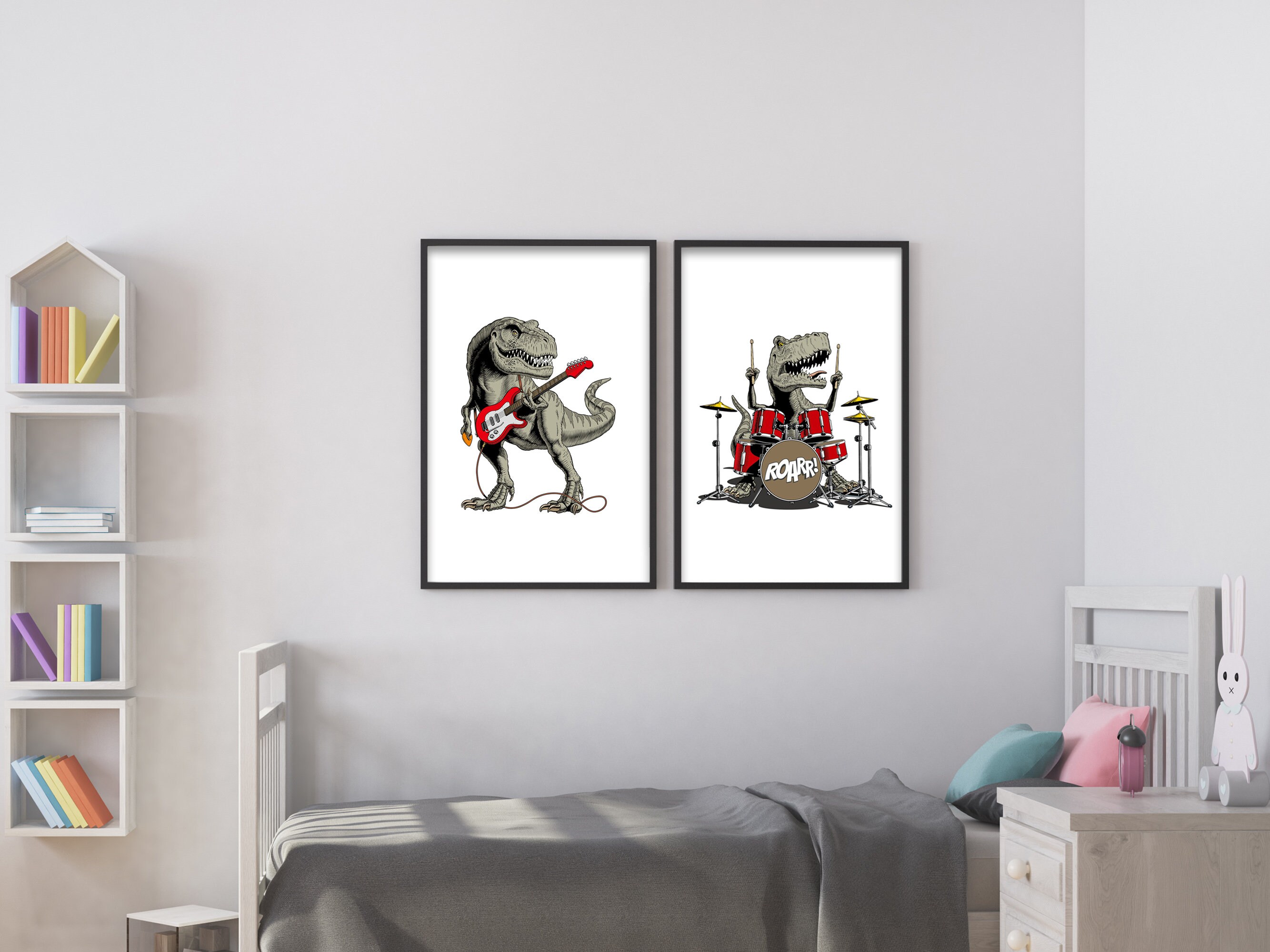 Hyper Dinosaur Music Theme Posters Set of 2 Dinosaurs Playing Drum ...