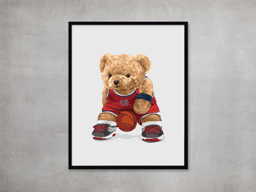 Nursery Sport Print Gift Teddy Bear Paddington Bear Playing Basketball ...