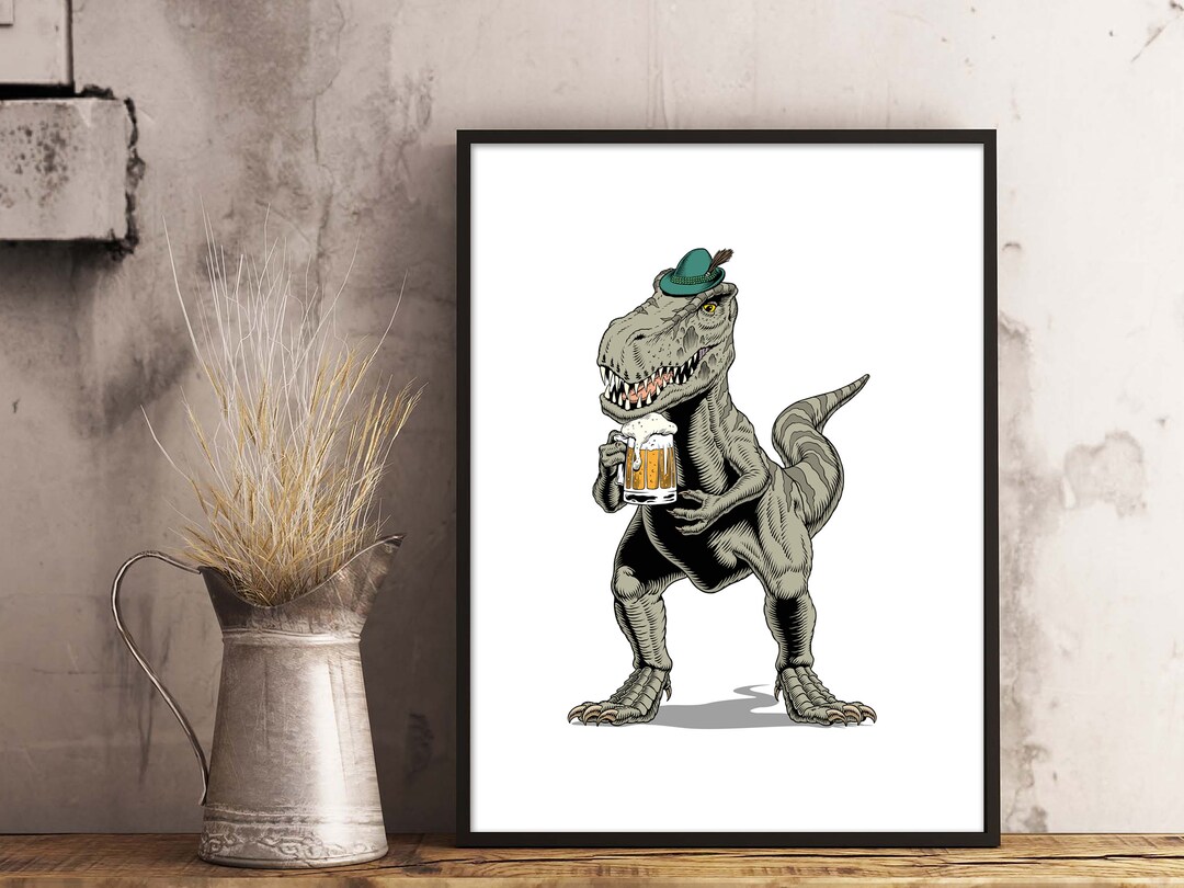 Dinosaur Drinking Beer Art Print Beer Themed Decor for Kitchen Bar Wall ...
