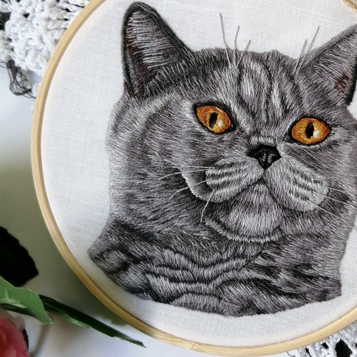Embroidered Cat Portrait, Custom Pet Portrait, Cat Embroidery, Cat ...