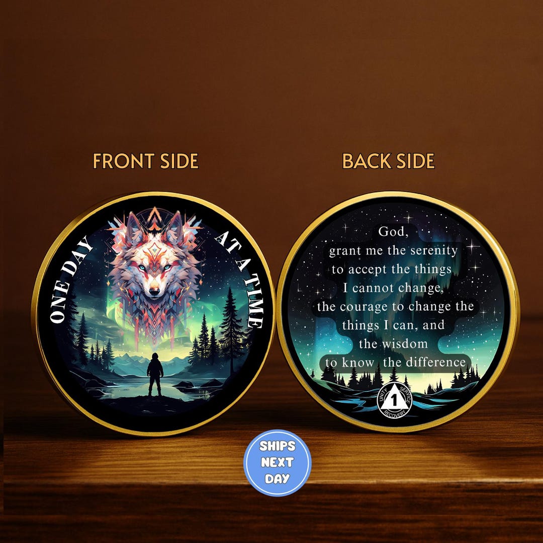 Personalized Sobriety Coin With Wolf & Serenity Prayer | Any Year ...