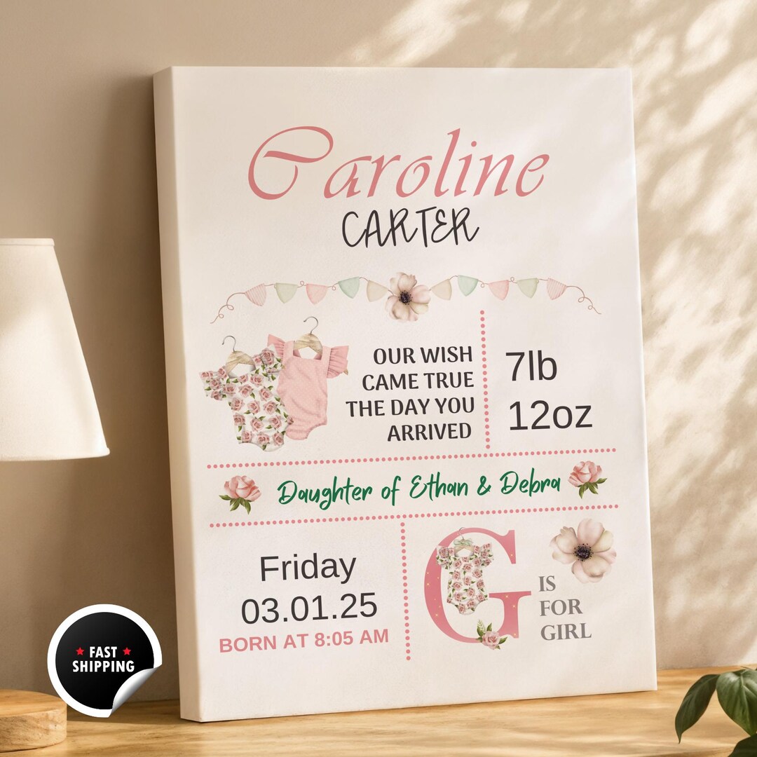 Personalized Baby Birth Stats Canvas | New Baby Gift | Birth Details ...
