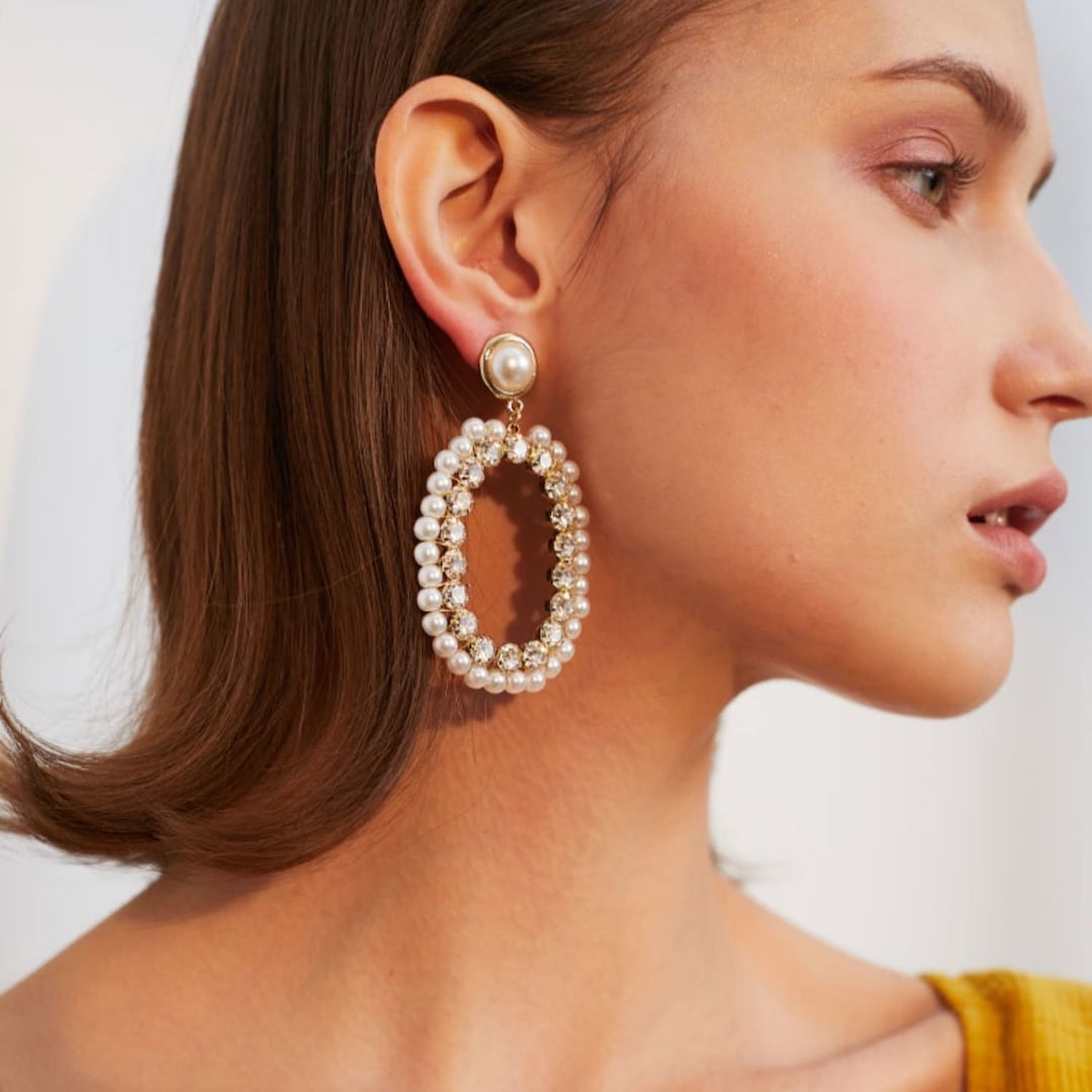 HUGE PEARL DANGLE Earrings Large Circle Oval Exaggerating Cubic Zirconia Pageant Oversized White ...