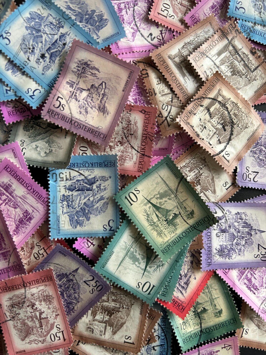 15x Colourful Vintage Pastel Mountain Landscapes Postage Stamps ...