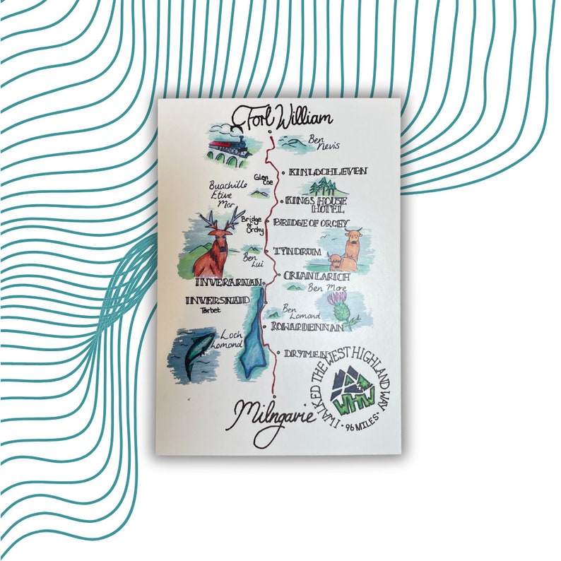 WHW West Highland Way Postcard Hand Drawn Route Map Milngavie Fort ...