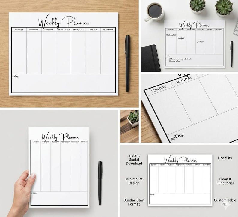 Minimalist Weekly Planner Printable | Undated Schedule Template (PDF ...