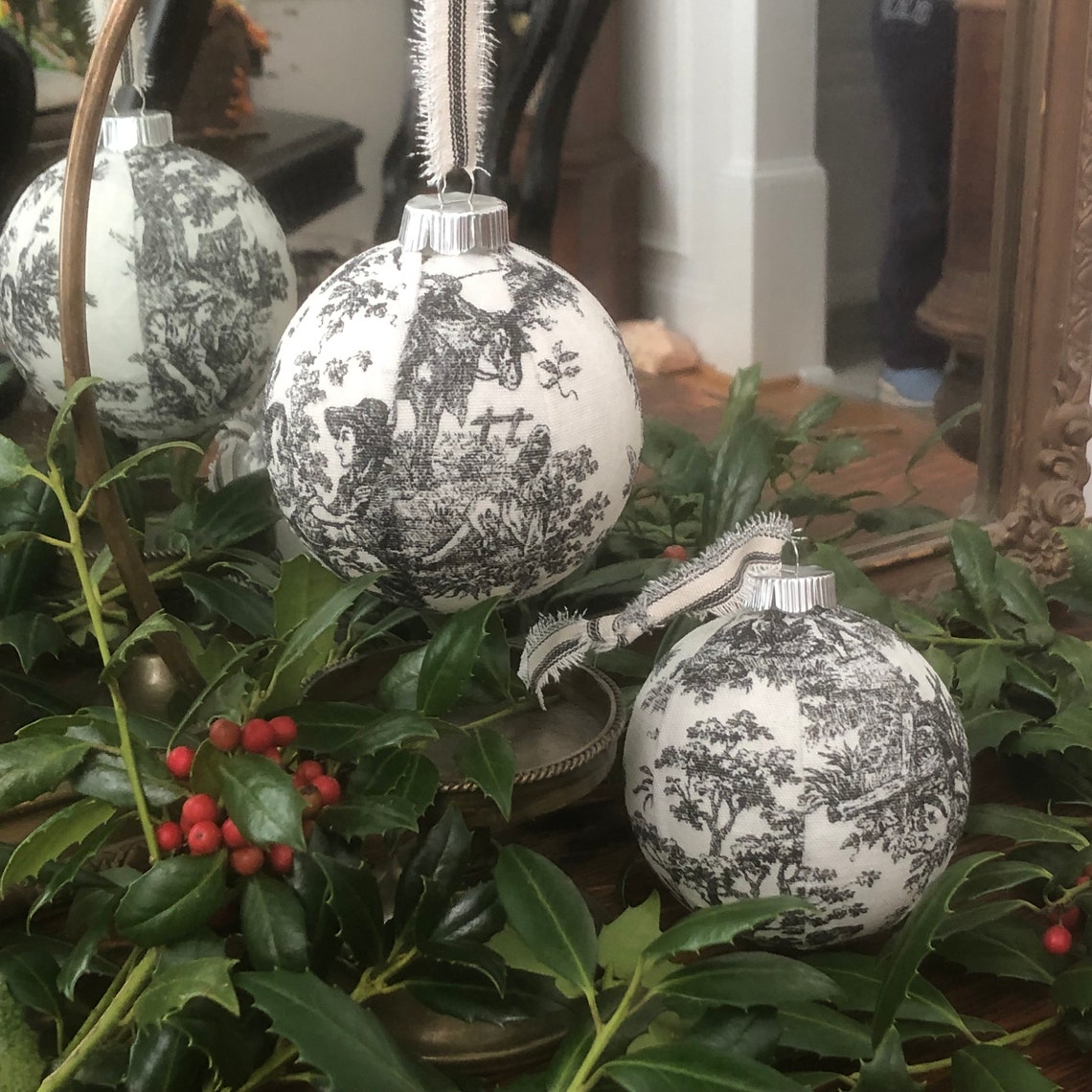 Black and Cream Toile Christmas Tree Ornaments - Etsy
