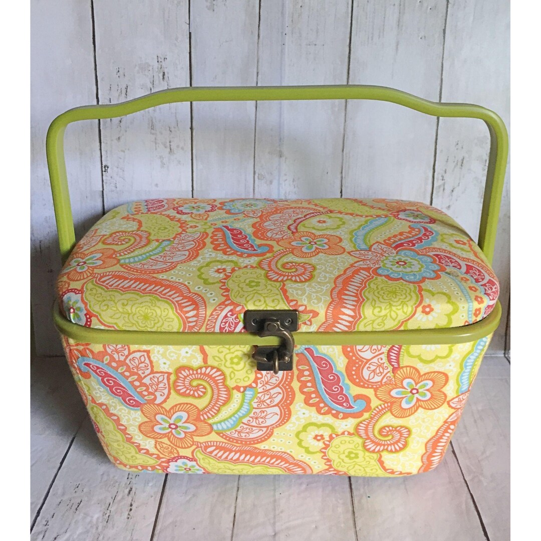 Paisley Padded Sewing Box With Lift Out Tray Orange Yellow Pink Plastic ...
