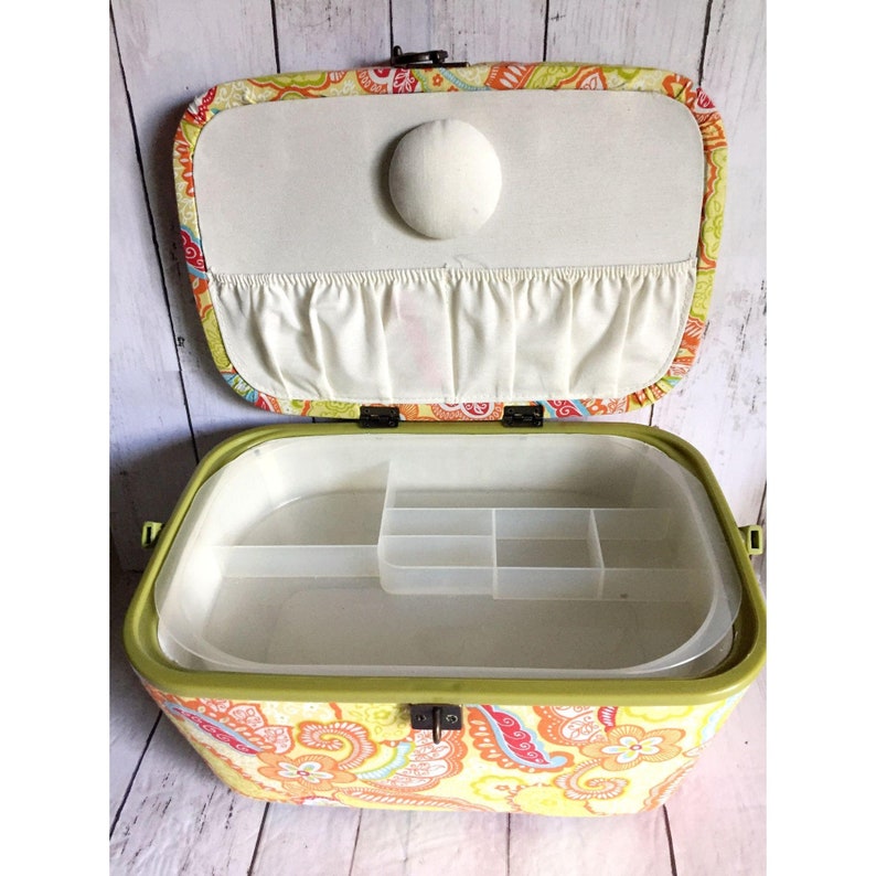 Paisley Padded Sewing Box With Lift Out Tray Orange Yellow Pink Plastic ...