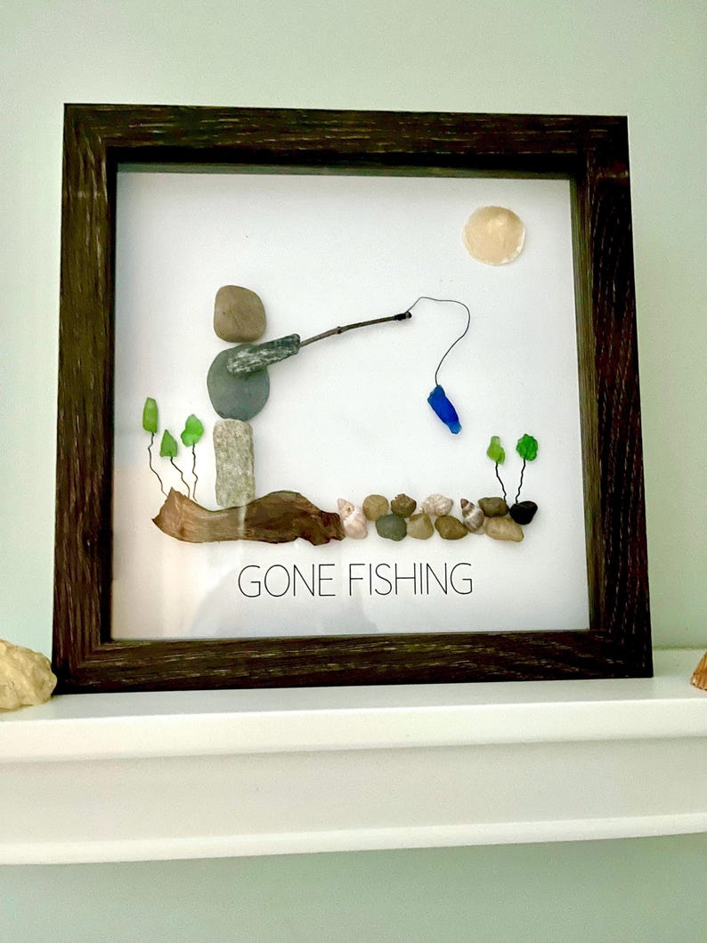Sea Glass Pebble Art: "gone Fishing" Shadow Box (8x8) - Etsy