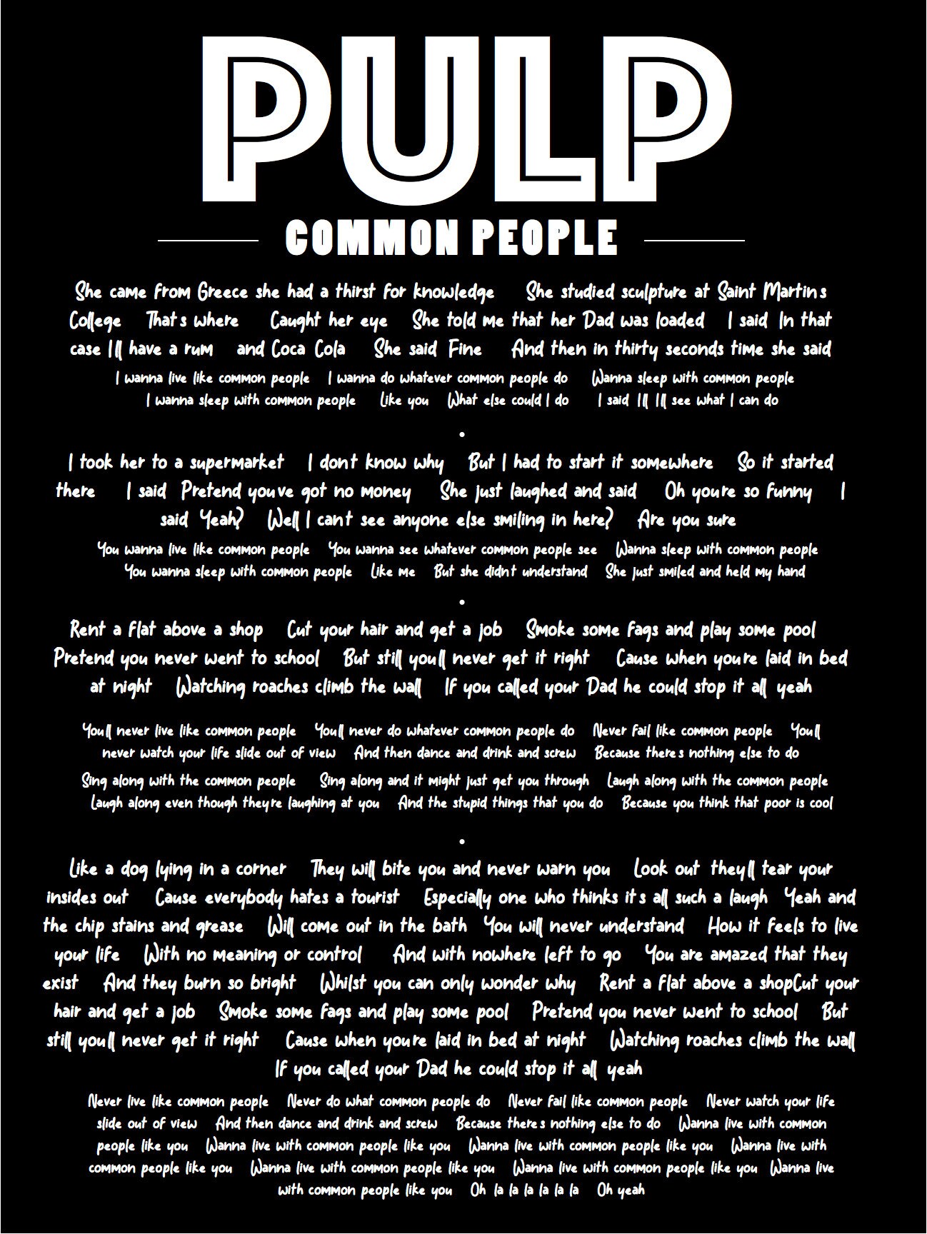 Pulp Poster / Common People Poster / Common People Lyrics / | Etsy
