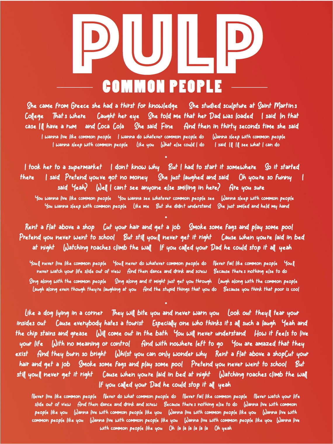 Pulp Poster / Common People Poster / Common People Lyrics / - Etsy UK