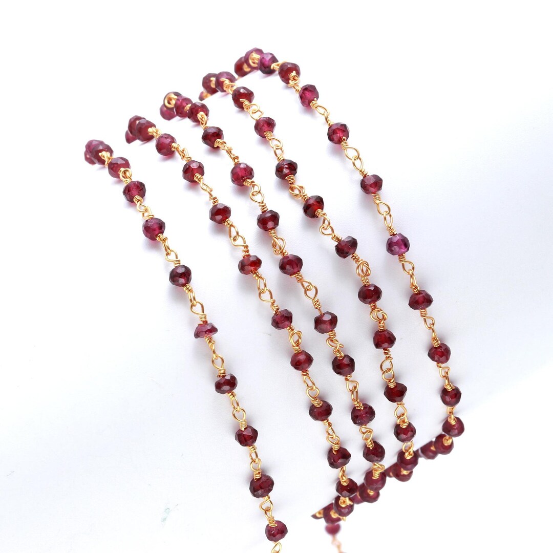Natural Red Garnet Rosary Chain, 24K Gold Plated Beaded Chain Rosary ...