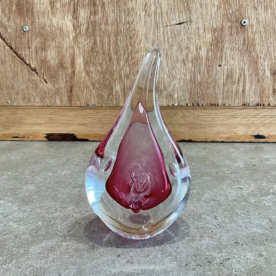 Jablonski Signed Teardrop Art Glass Paperweight, Cranberry and Clear ...