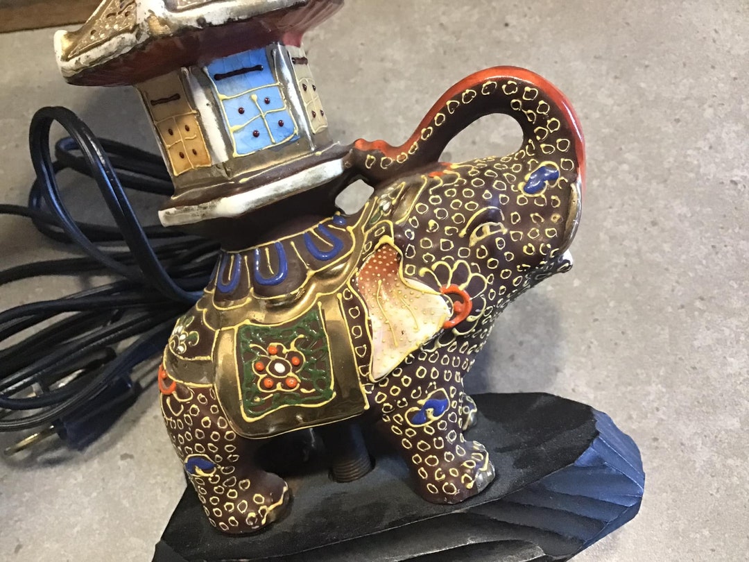 Vintage Elephant Table Lamp Wood Base Made in Japan Hand Painted - Etsy