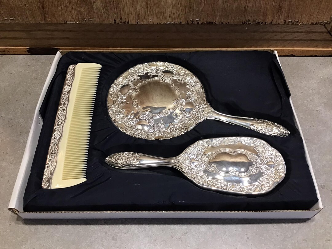 3 Pc Vintage Silver Plated Vanity Set, Hand Mirror, Comb and Brush ...