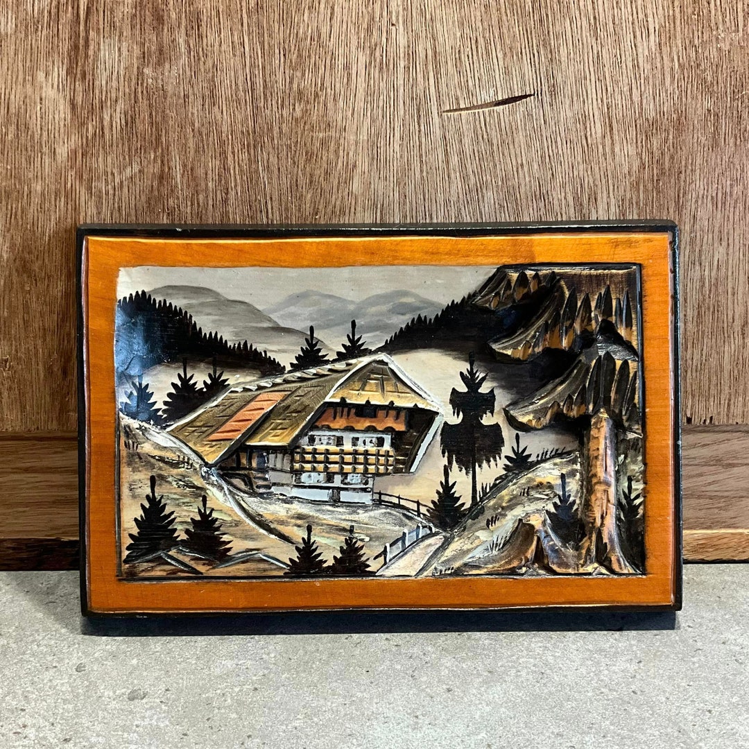 Vintage German 3D Carved Wood Black Forest Scenery Wall Plaque Edmund ...