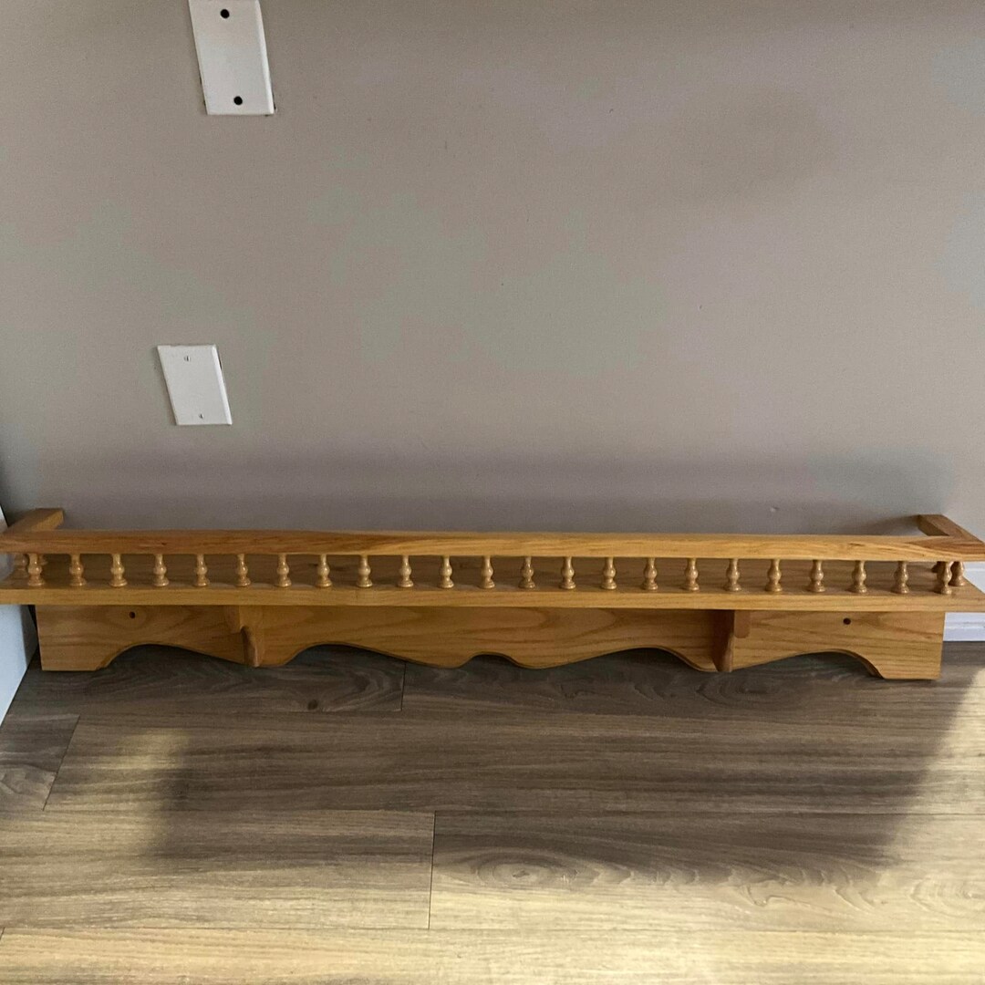 Vintage Wood Hanging Wall Shelf With Spindle Guard Rail, Gallery Rail ...