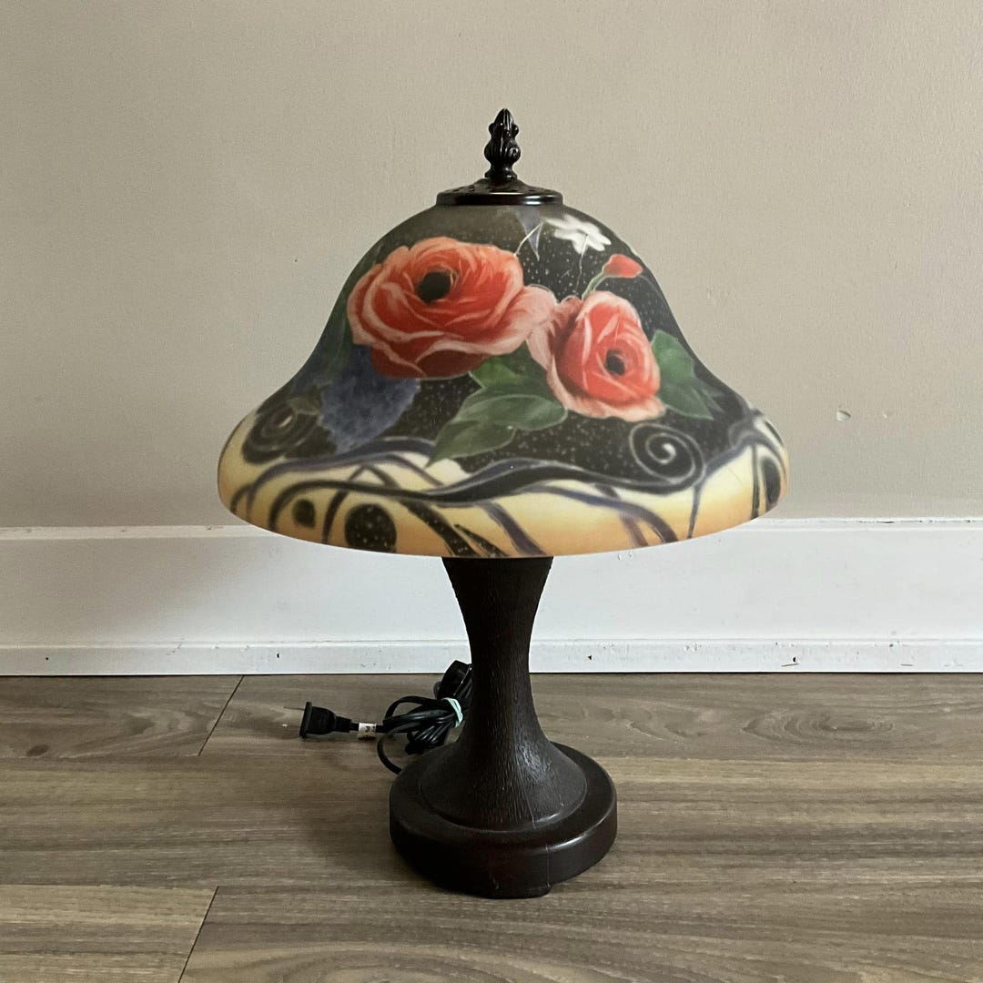 Vintage Art Nouveau Table Lamp: Reverse Painted Glass Shade - Etsy